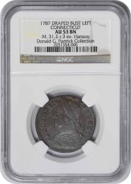1787 Connecticut Cent Draped Bust Left AU53BN NGC