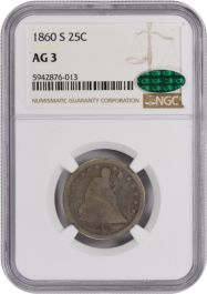 1860-S Liberty Seated Silver Quarter AG03 NGC (CAC)