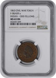 1863 Civil War Token Indian - Odd Fellows 58/439a MS63BN NGC